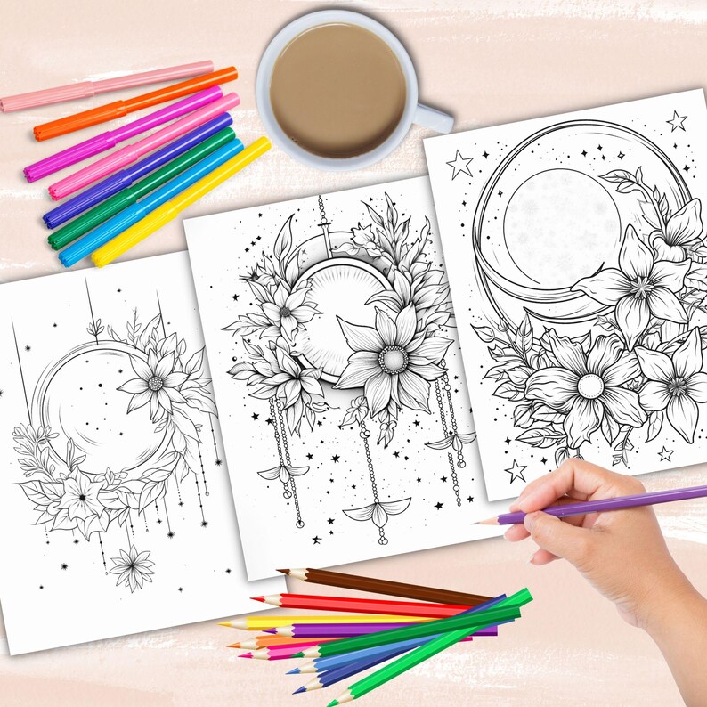 Celestial Moon Coloring Pages, Boho Chic Moon Coloring Sheets ...