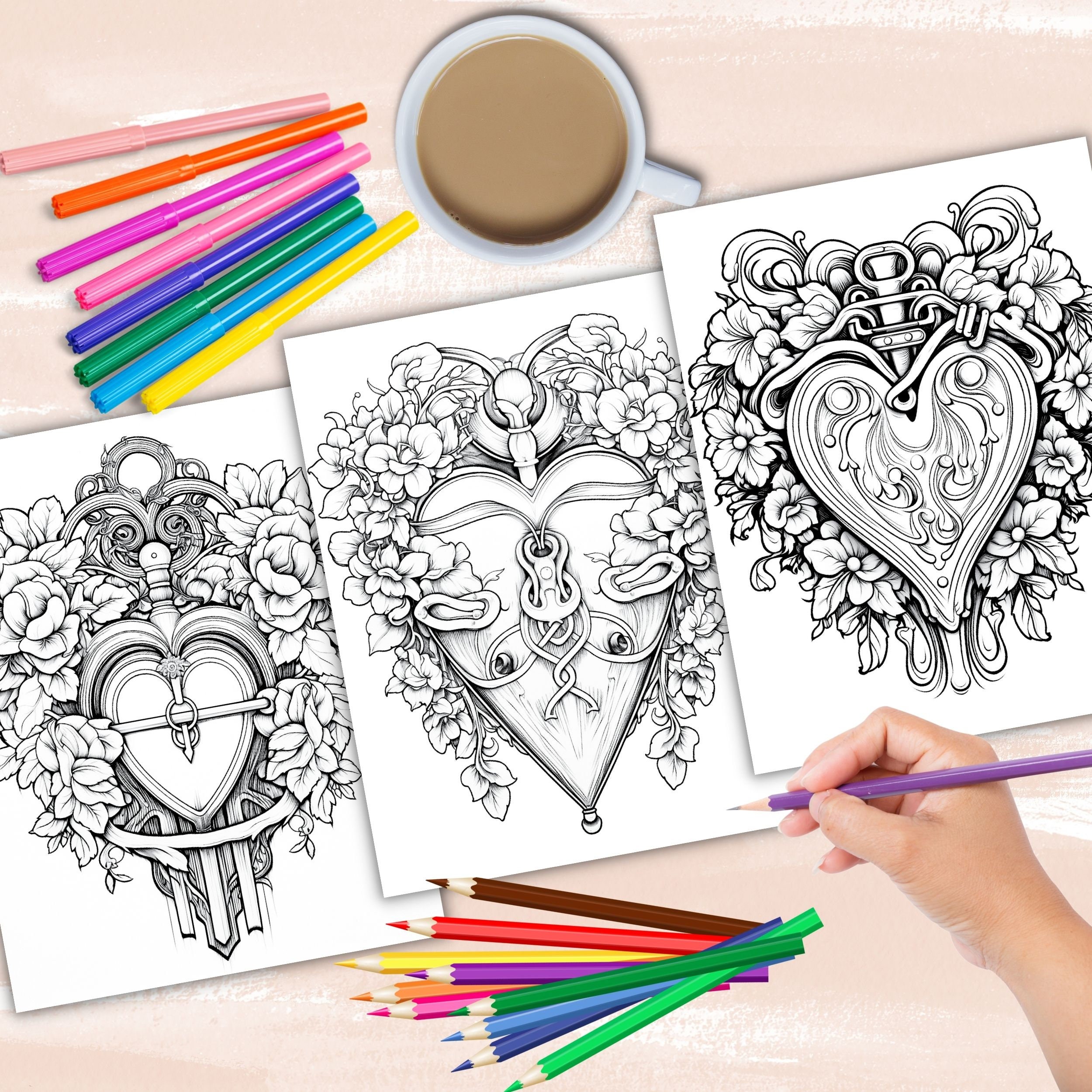 Love Locks Coloring Book, Floral Heart Lock Coloring Pages, Love Heart ...