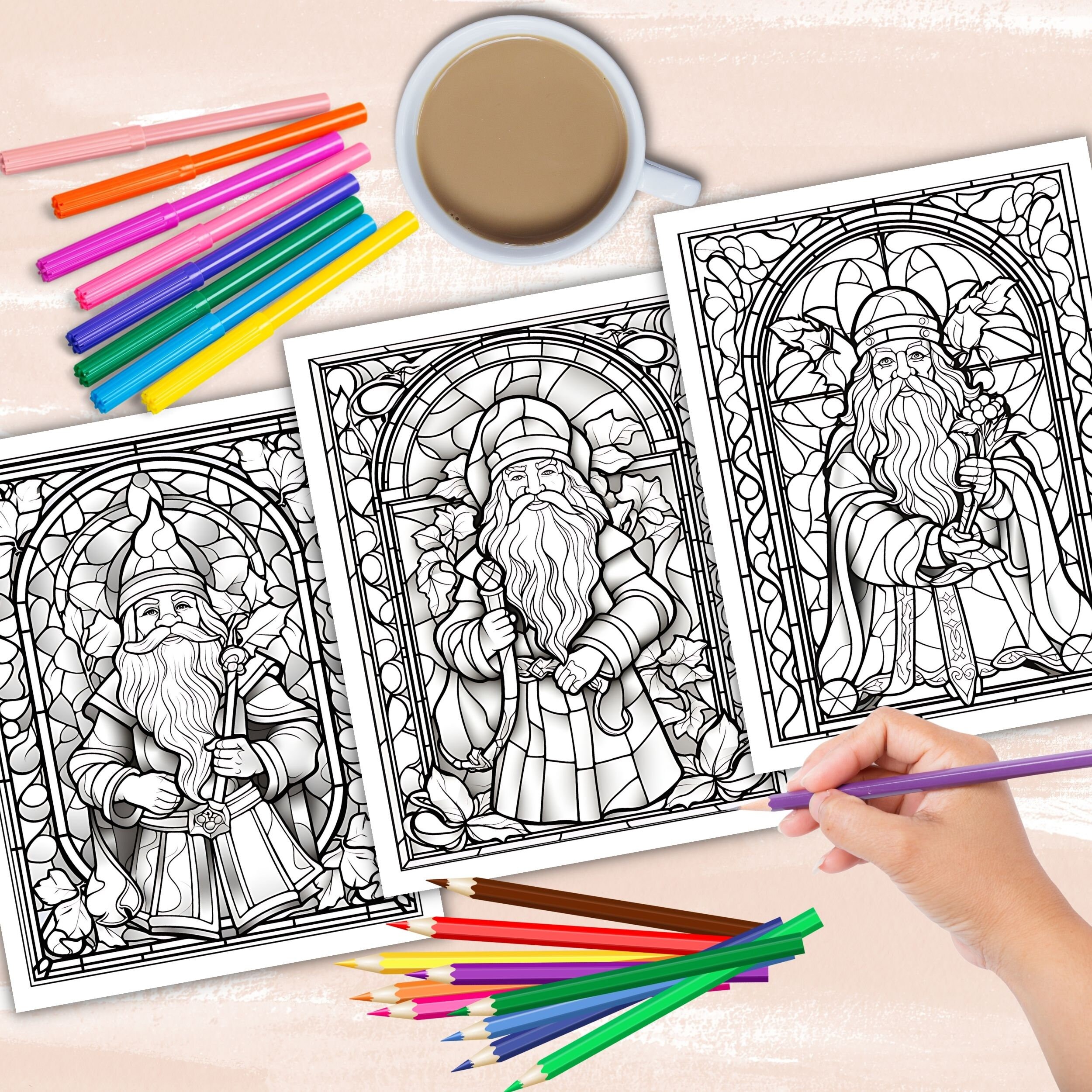 Stained Glass Santa Coloring Book, Merry Christmas Coloring, Santa ...