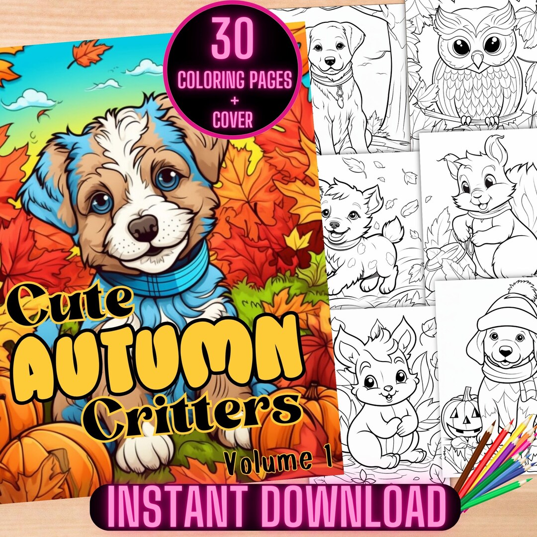 Cute Autumn Critters Coloring Book, Animal Coloring Pages, Fall ...