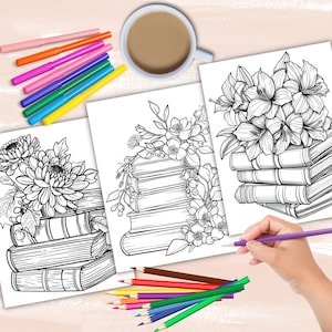 Books and Flowers Coloring Pages, Floral Book Stacks Coloring Sheets ...