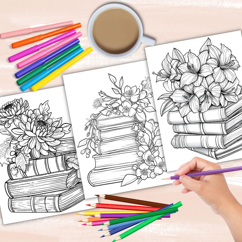 Books and Flowers Coloring Pages, Floral Book Stacks Coloring Sheets ...