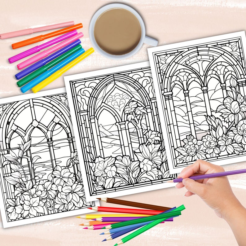 Stained Glass Landscapes Coloring Book, Relaxing Scenery Coloring Pages ...
