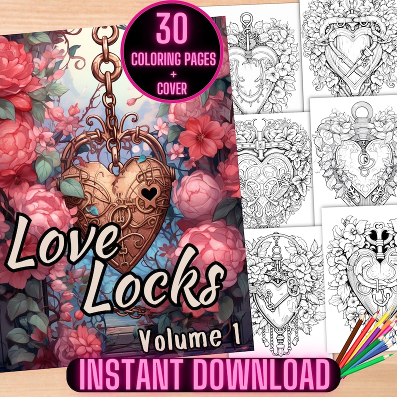 Love Locks Coloring Book, Floral Heart Padlock Coloring Pages, Love ...