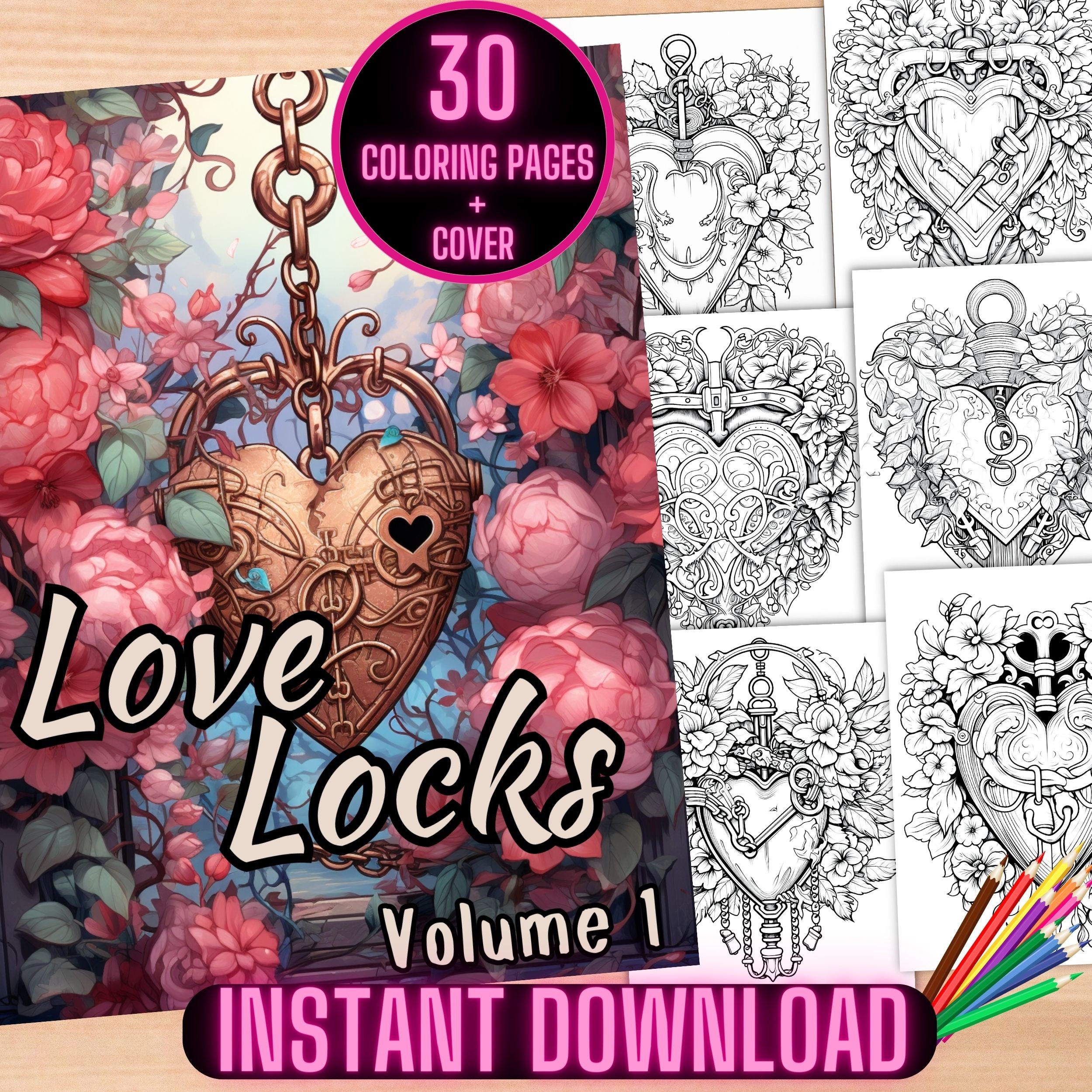 Love Locks Coloring Book, Floral Heart Padlock Coloring Pages, Love ...