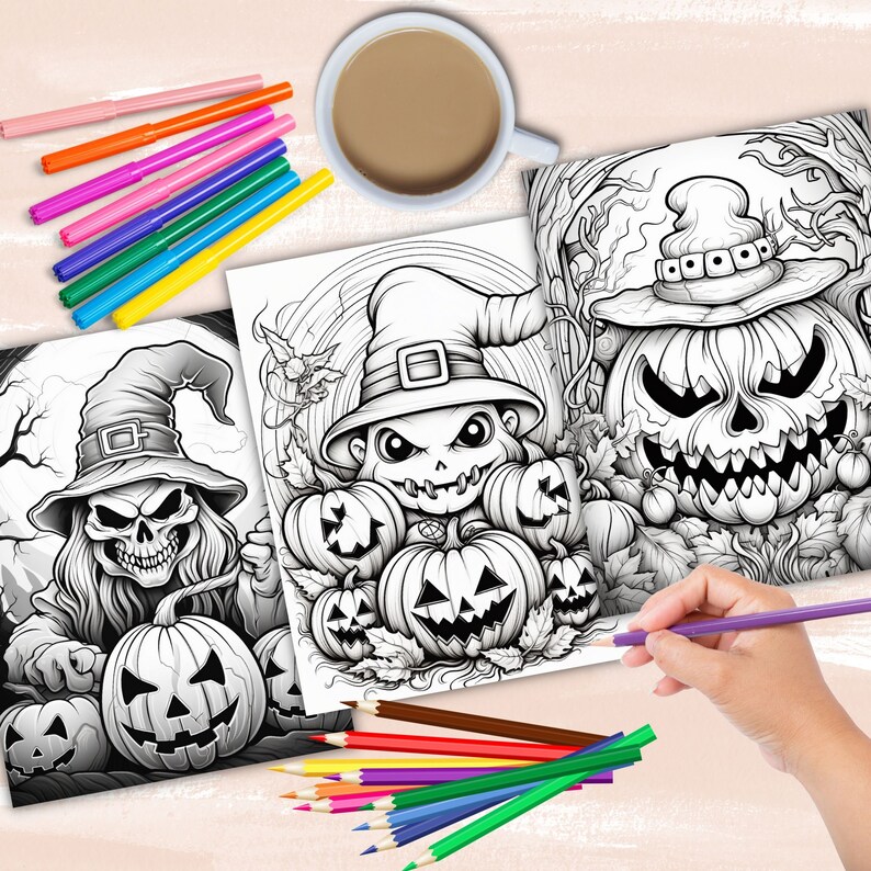 Creepy Halloween Coloring Pages, Grayscale Halloween Coloring Pages ...