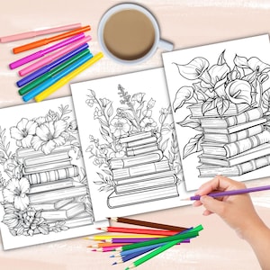Books and Flowers Coloring Pages, Floral Book Stacks Coloring Sheets ...