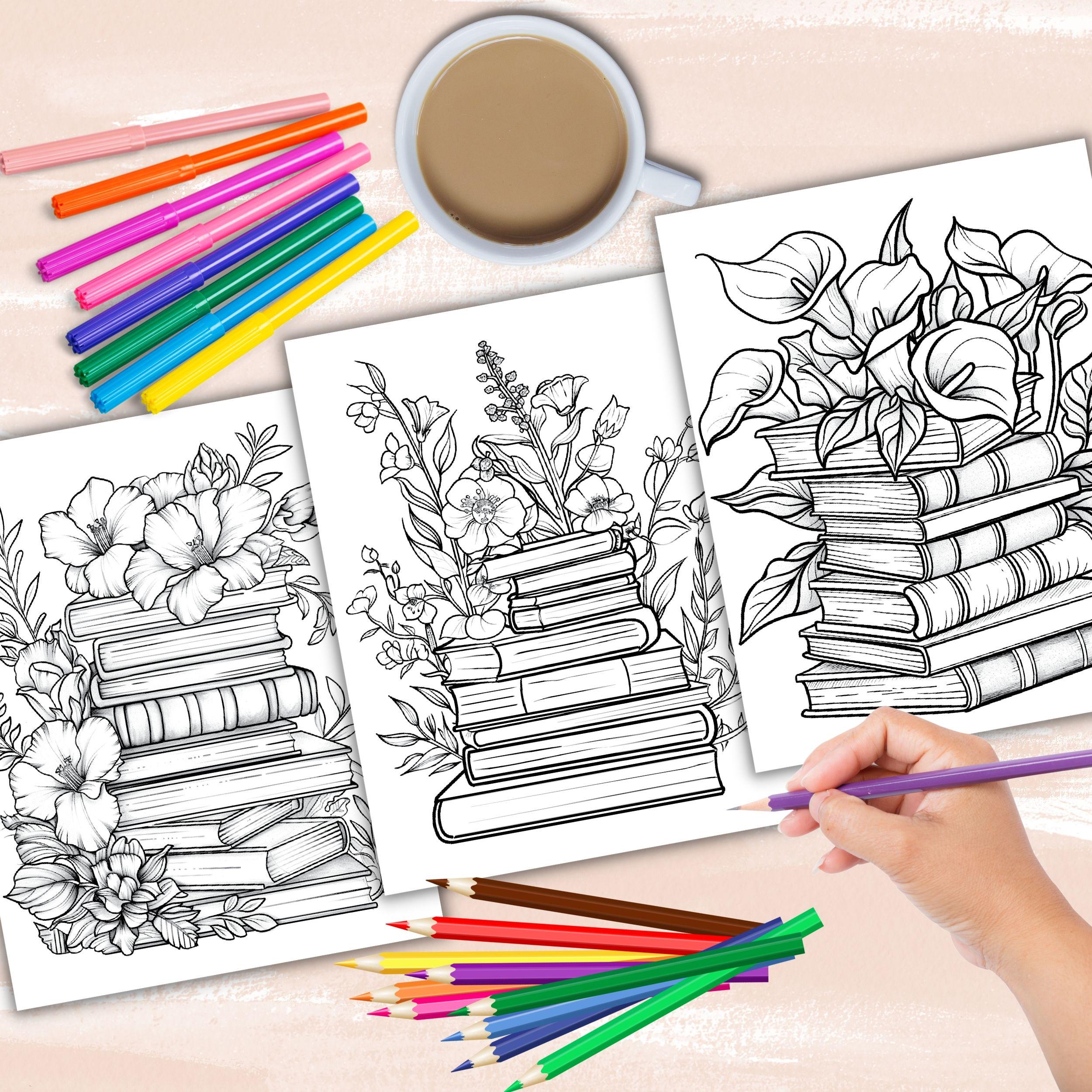 Books and Flowers Coloring Pages, Floral Book Stacks Coloring Sheets ...