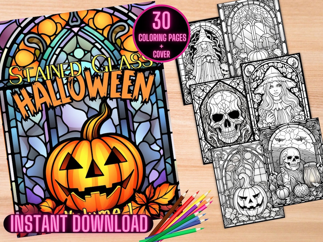 Stained Glass Halloween Coloring Book Grayscale Halloween - Etsy