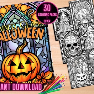 Stained Glass Halloween Coloring Book Grayscale Halloween - Etsy