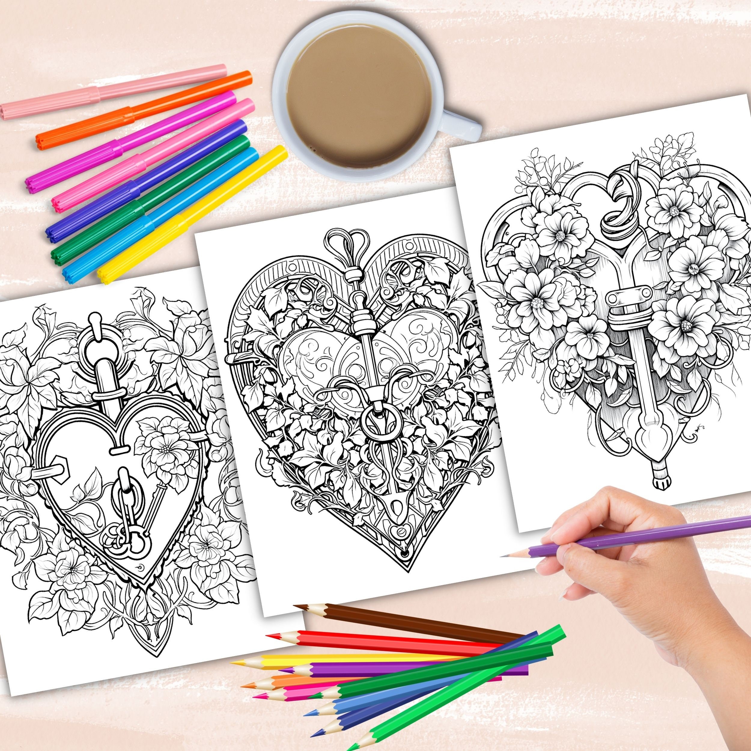 Love Locks Coloring Book, Floral Heart Lock Coloring Pages, Love Heart ...