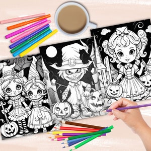 Trick or Treat Halloween Coloring Book, Grayscale Halloween Coloring ...
