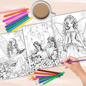 Forest Fairies Coloring Pages, Fairy Fantasy Coloring Book, Grayscale ...