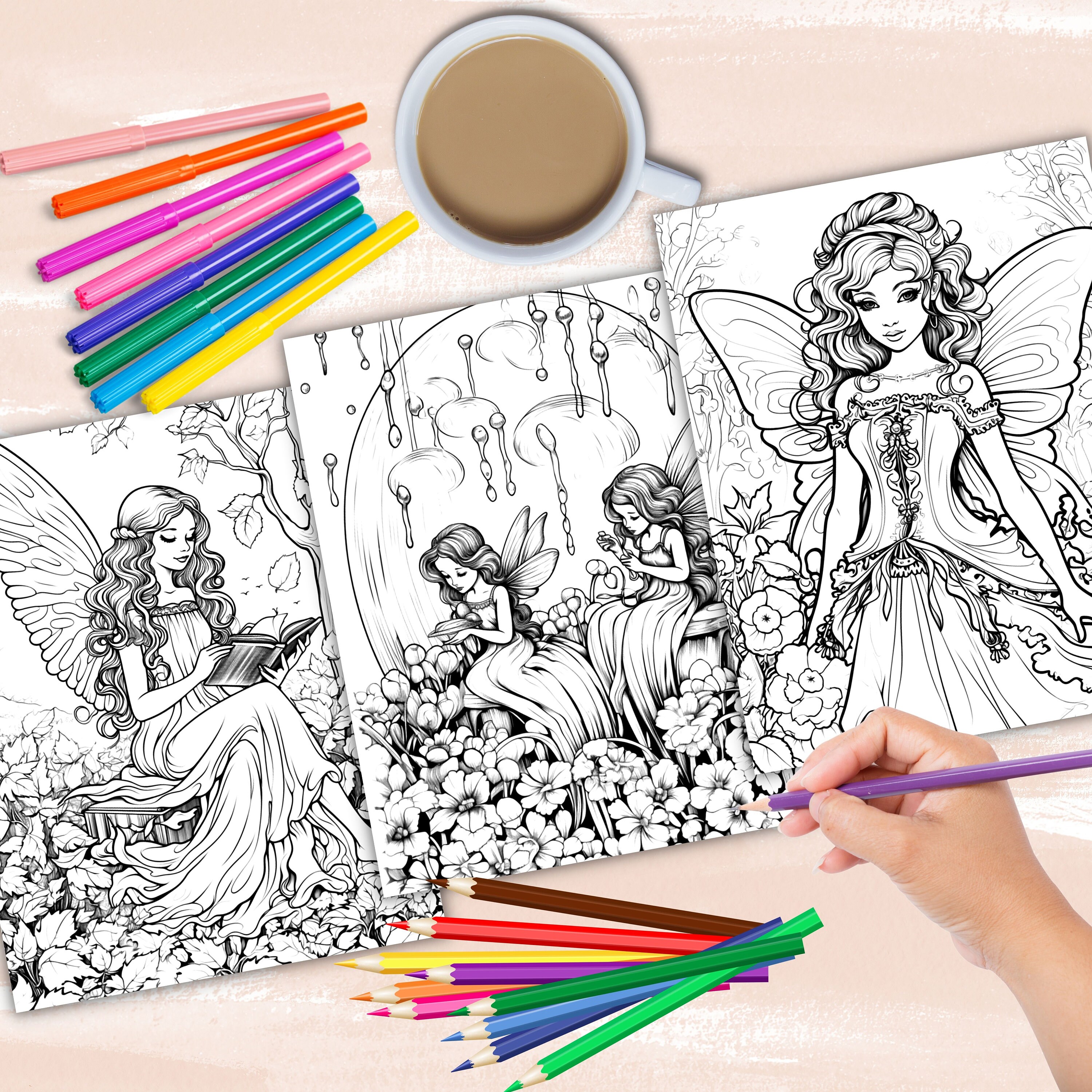 Forest Fairies Coloring Pages, Fairy Fantasy Coloring Book, Grayscale ...