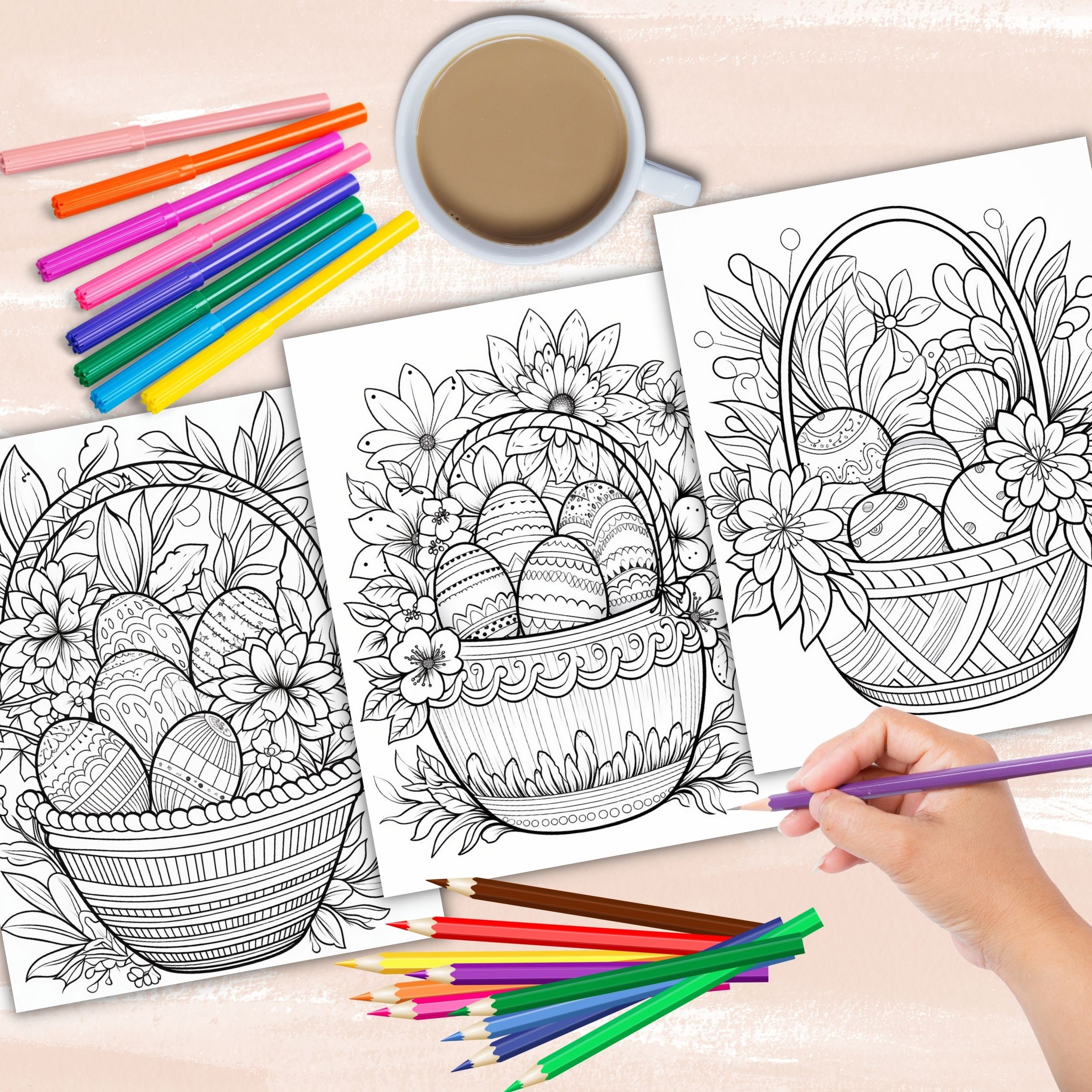 Easter Egg Baskets Coloring Pages, Easter Flowers Coloring Book, Floral ...