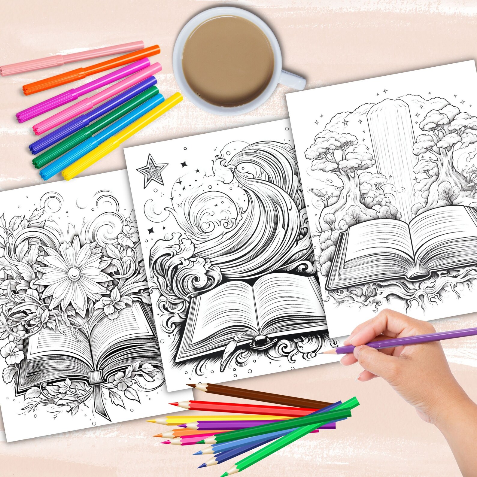 Spells and Grimoires Coloring Pages, Open Magic Book Coloring Book ...