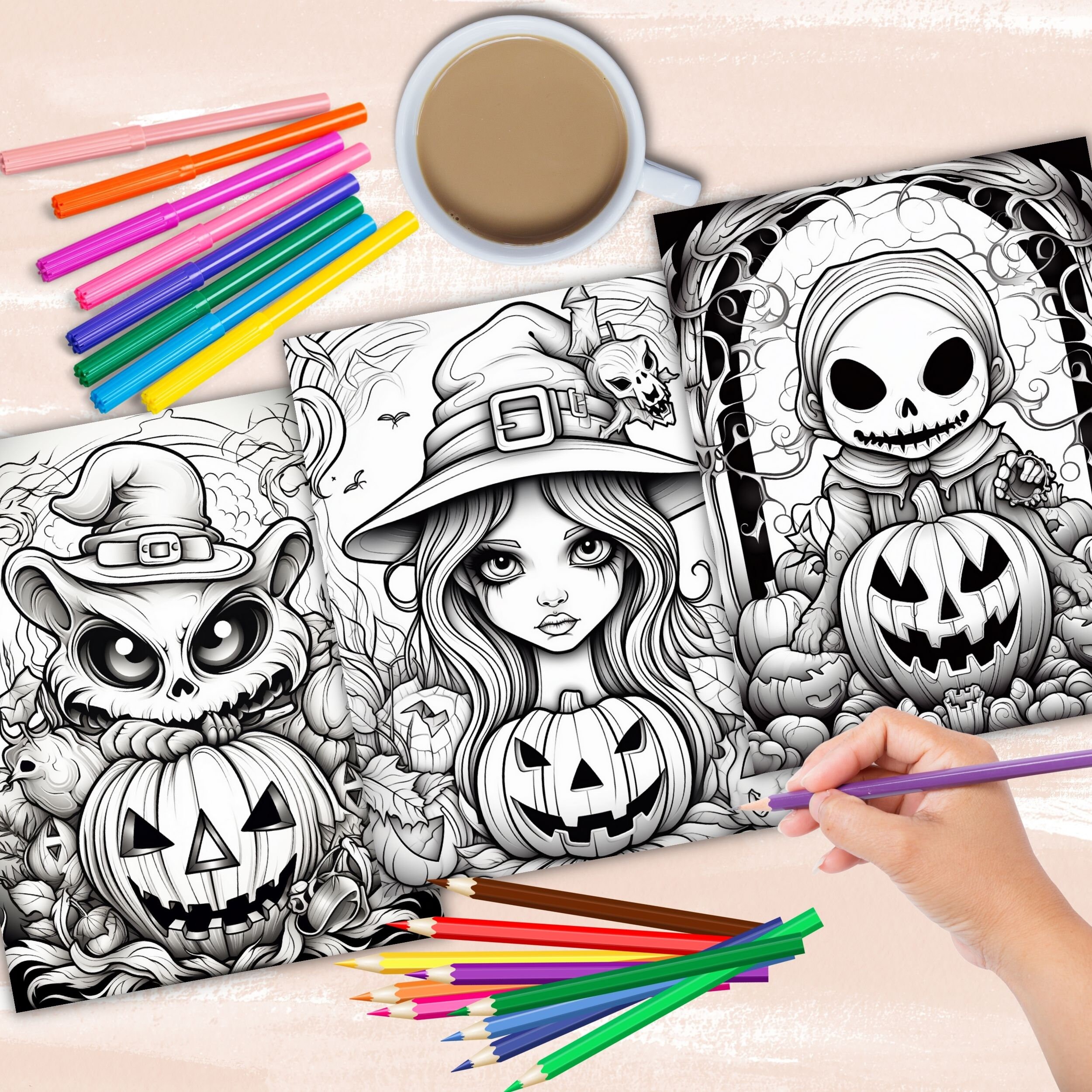 Creepy Halloween Coloring Pages, Grayscale Halloween Coloring Pages ...