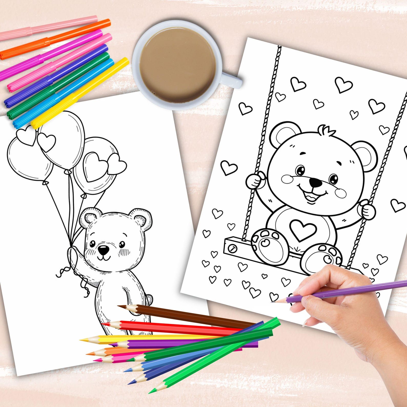 Valentines Day Coloring Book, Teddy Bear Love Coloring Pages, Kids ...