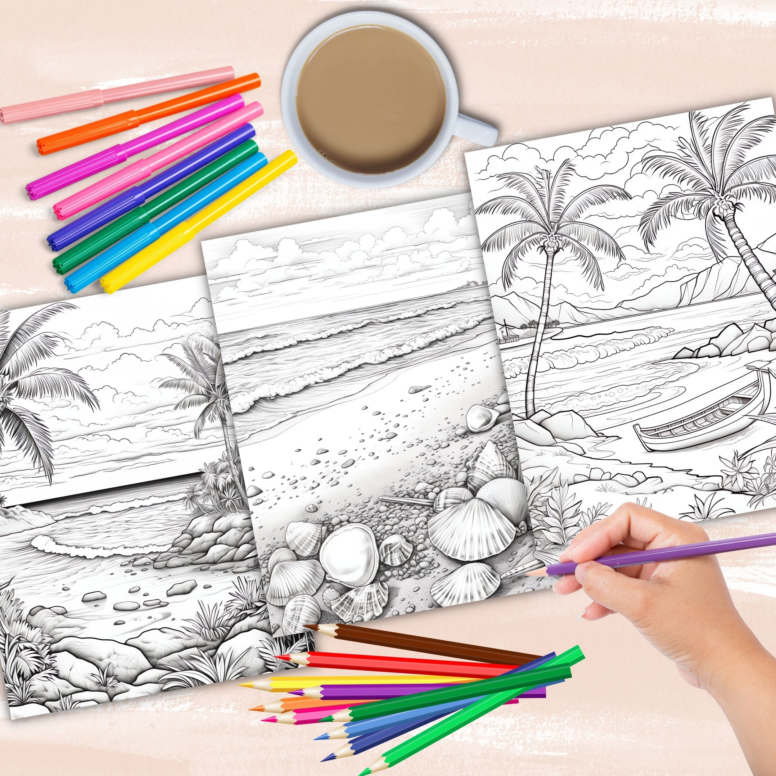 Beach Scenes Coloring Book, Relaxing Beach Scenery Coloring Pages ...