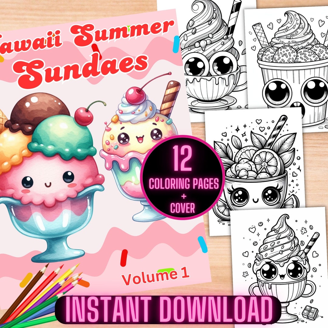 Kawaii Summer Sundaes Coloring Book, Ice Cream Dessert Treats Coloring ...