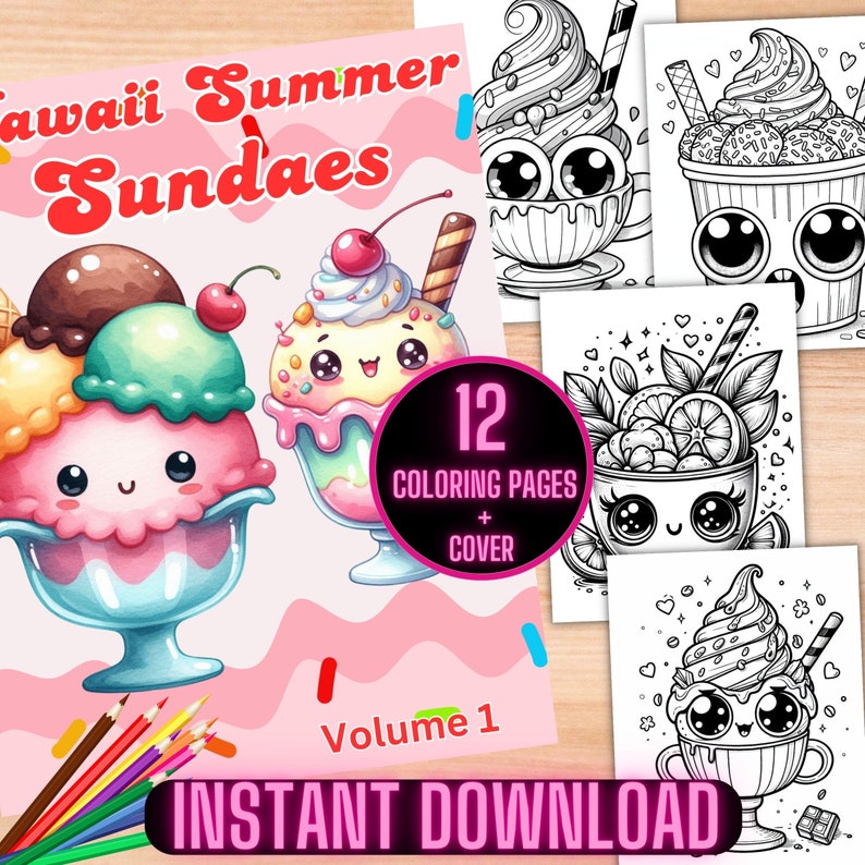 Kawaii Summer Sundaes Coloring Book, Ice Cream Dessert Coloring Pages ...