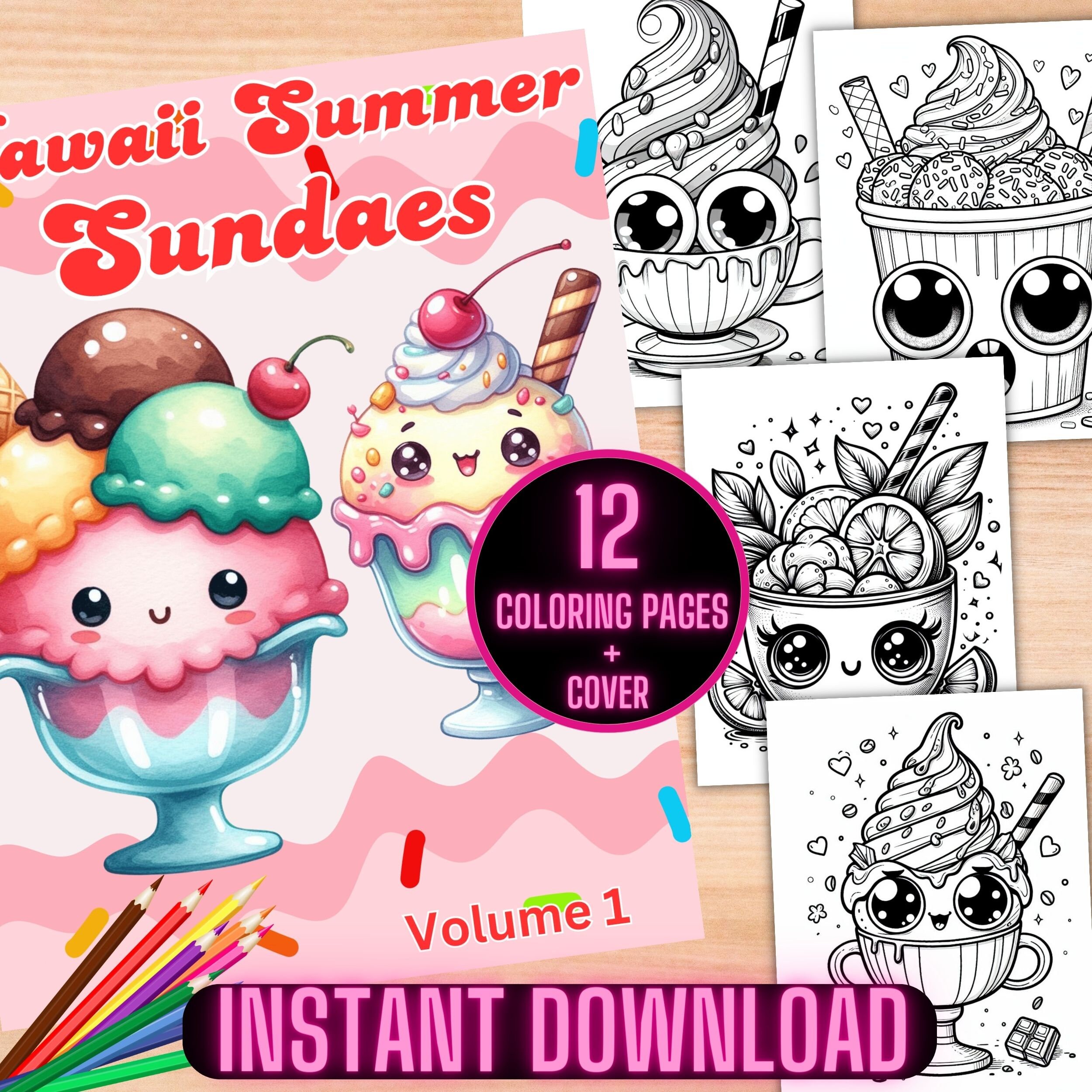 Kawaii Summer Sundaes Coloring Book, Ice Cream Dessert Coloring Pages ...