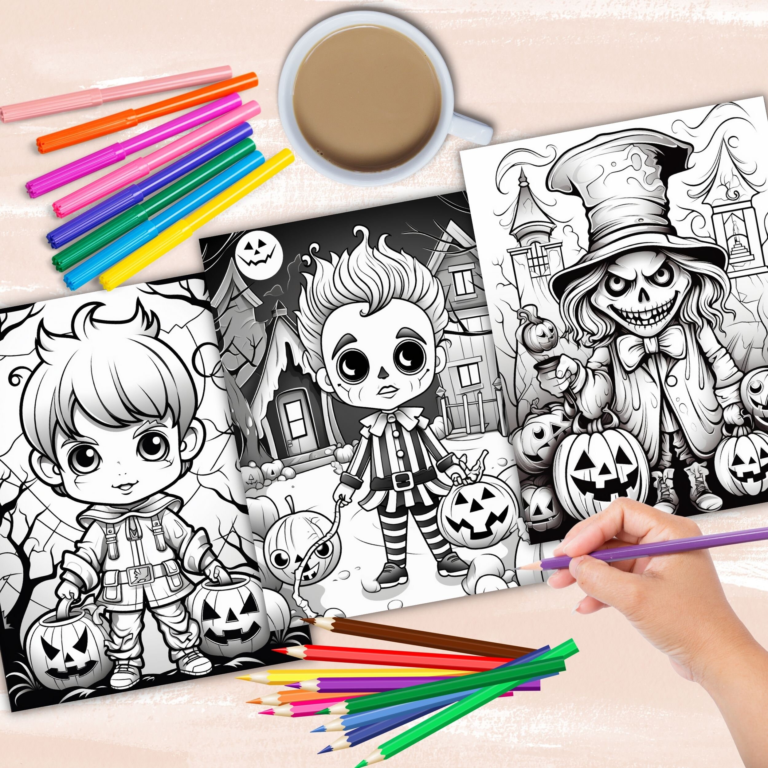 Trick or Treat Halloween Coloring Book, Grayscale Halloween Coloring ...