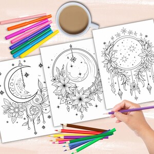 Celestial Moon Coloring Pages, Boho Chic Moon Coloring Sheets ...