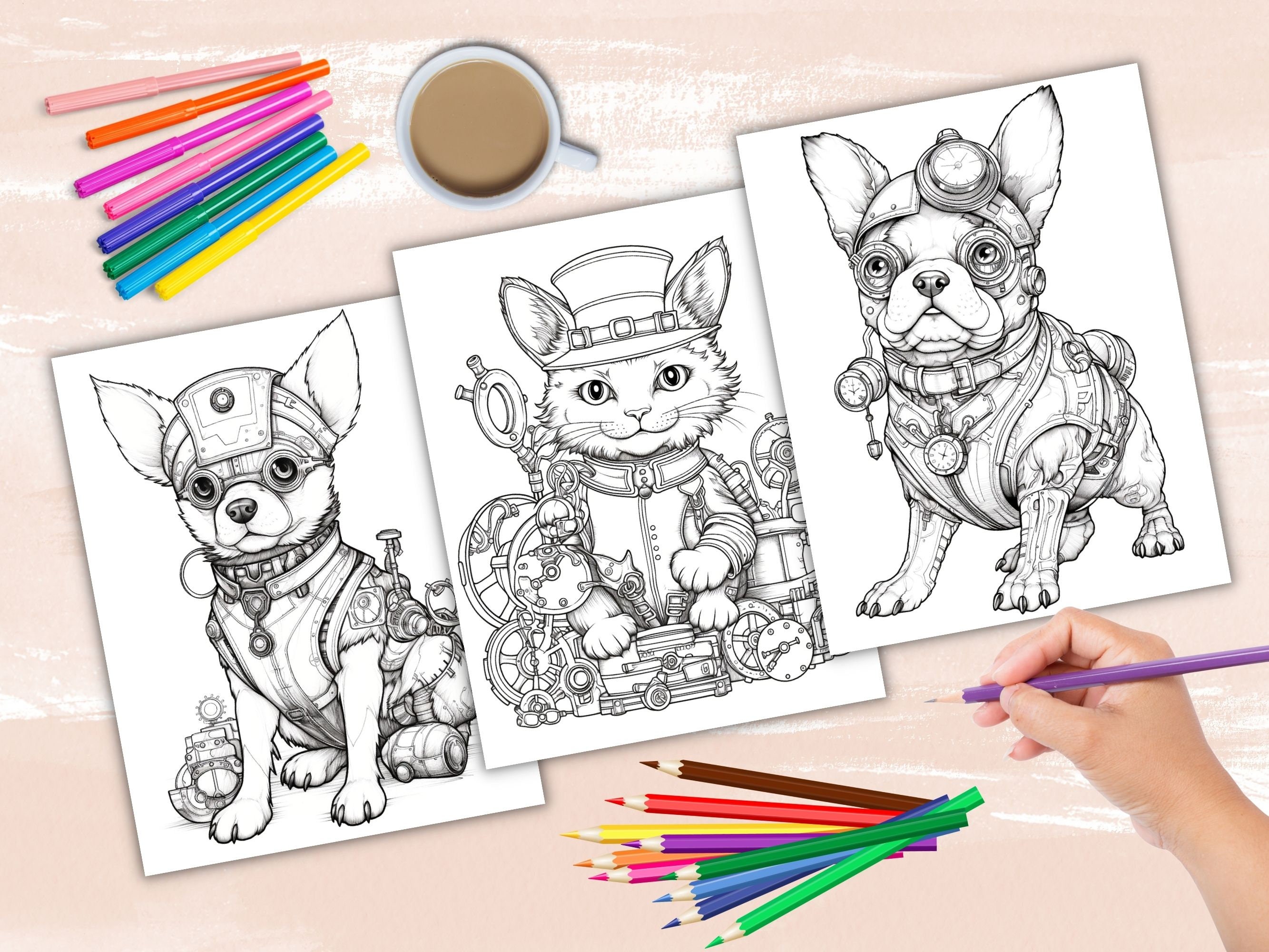 Steampunk Pets Coloring Book Steampunk Cats and Dogs Coloring - Etsy