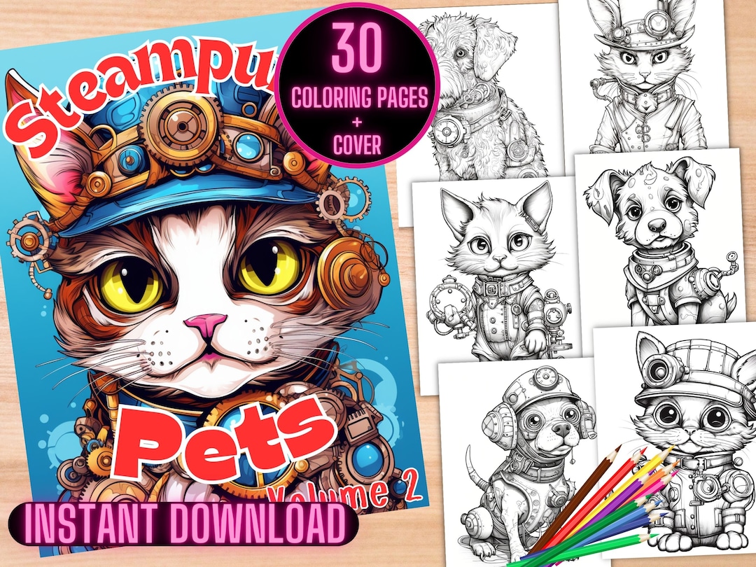 Steampunk Pets Coloring Book Steampunk Cats and Dogs Coloring - Etsy