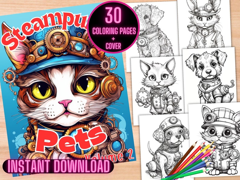 Steampunk Pets Coloring Book Steampunk Cats and Dogs Coloring - Etsy