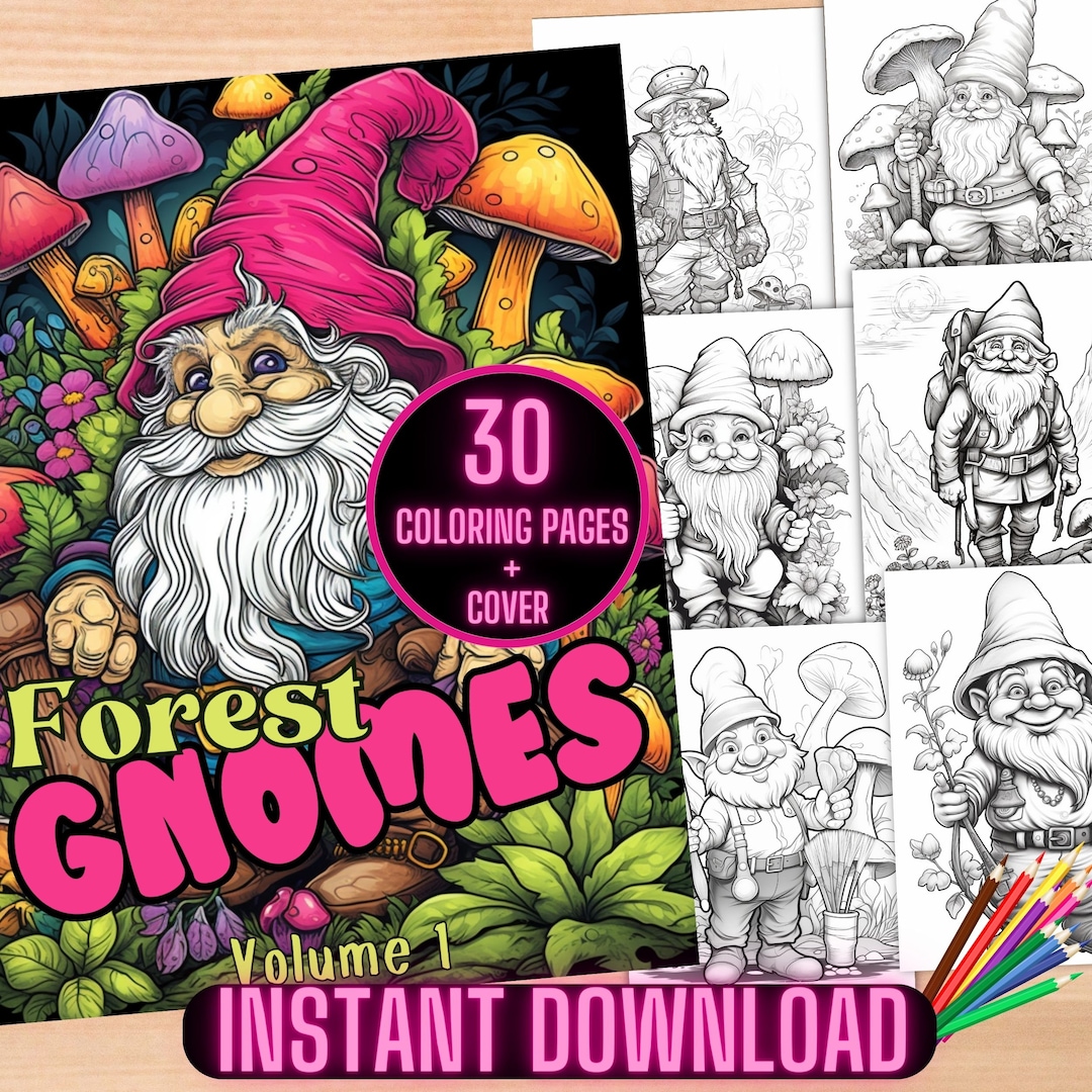 Forest Gnomes Coloring Pages, Fantasy Coloring Book, Grayscale Gnomes ...