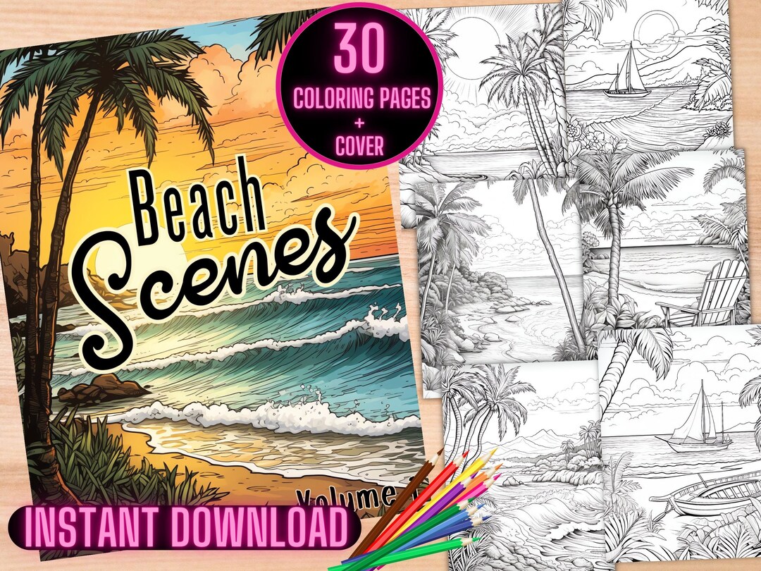 Beach Scenes Coloring Book Relaxing Beach Scenery Coloring - Etsy