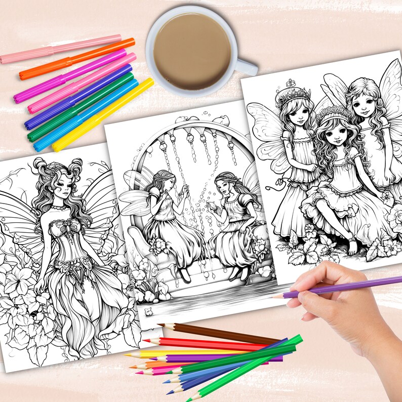 Forest Fairies Coloring Pages, Fairy Fantasy Coloring Book, Grayscale ...