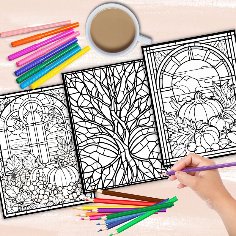 Stained Glass Autumn Coloring Book, Fall Landscapes Coloring Pages ...
