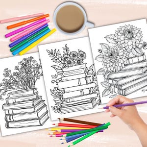 Books and Flowers Coloring Pages, Floral Book Stacks Coloring Sheets ...