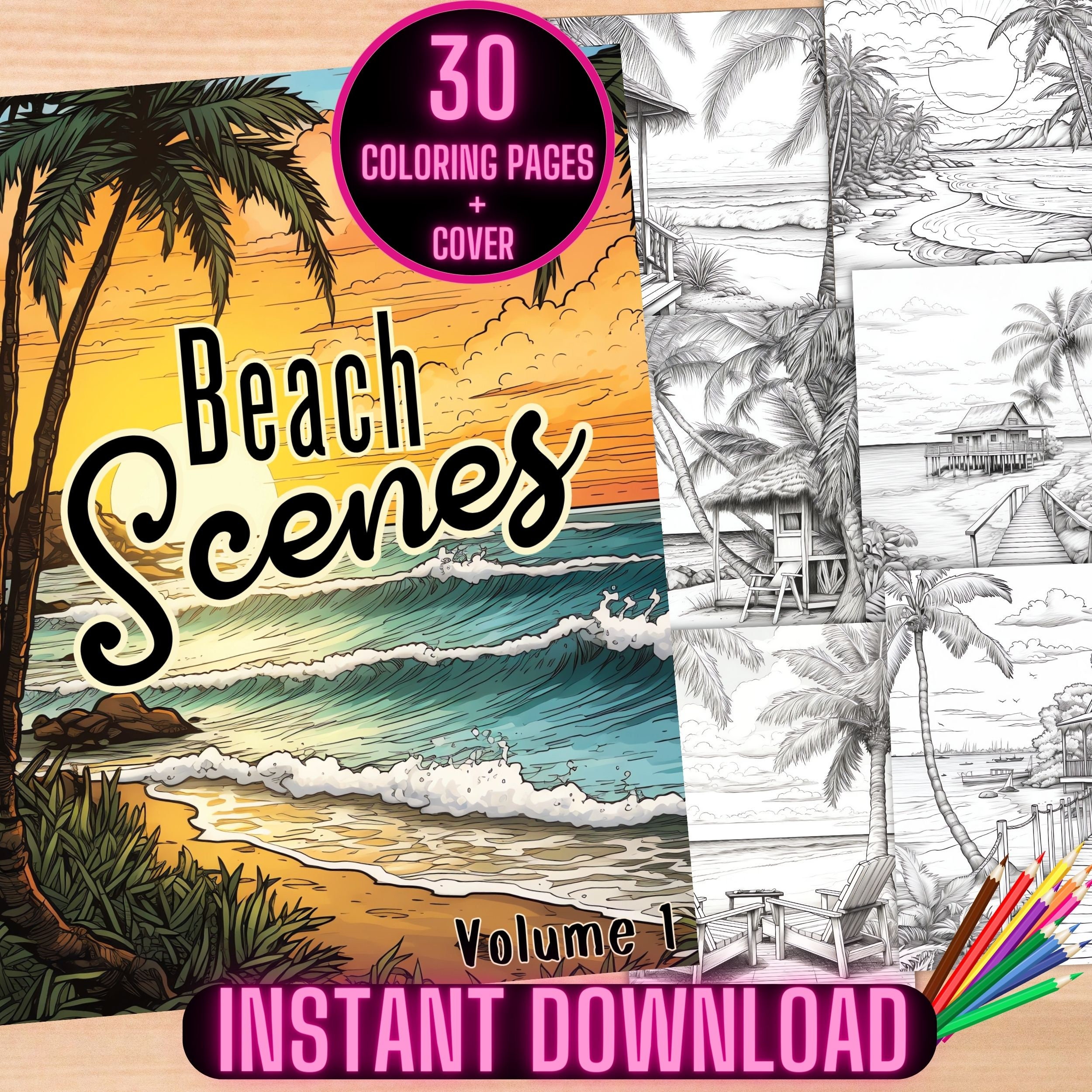 Beach Scenes Coloring Book, Relaxing Beach Scenery Coloring Pages ...