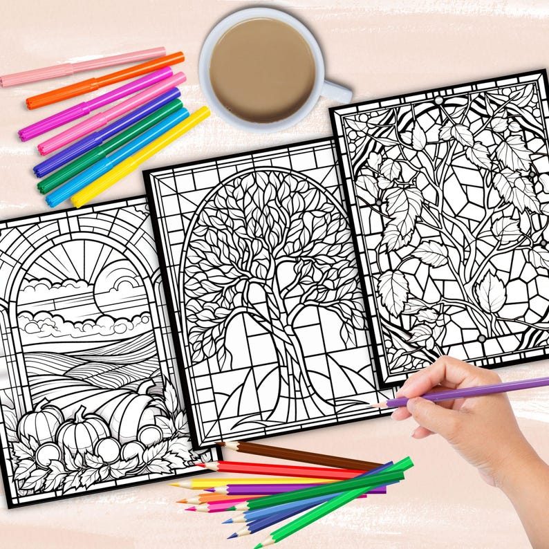 Stained Glass Autumn Coloring Book, Fall Landscapes Coloring Pages ...