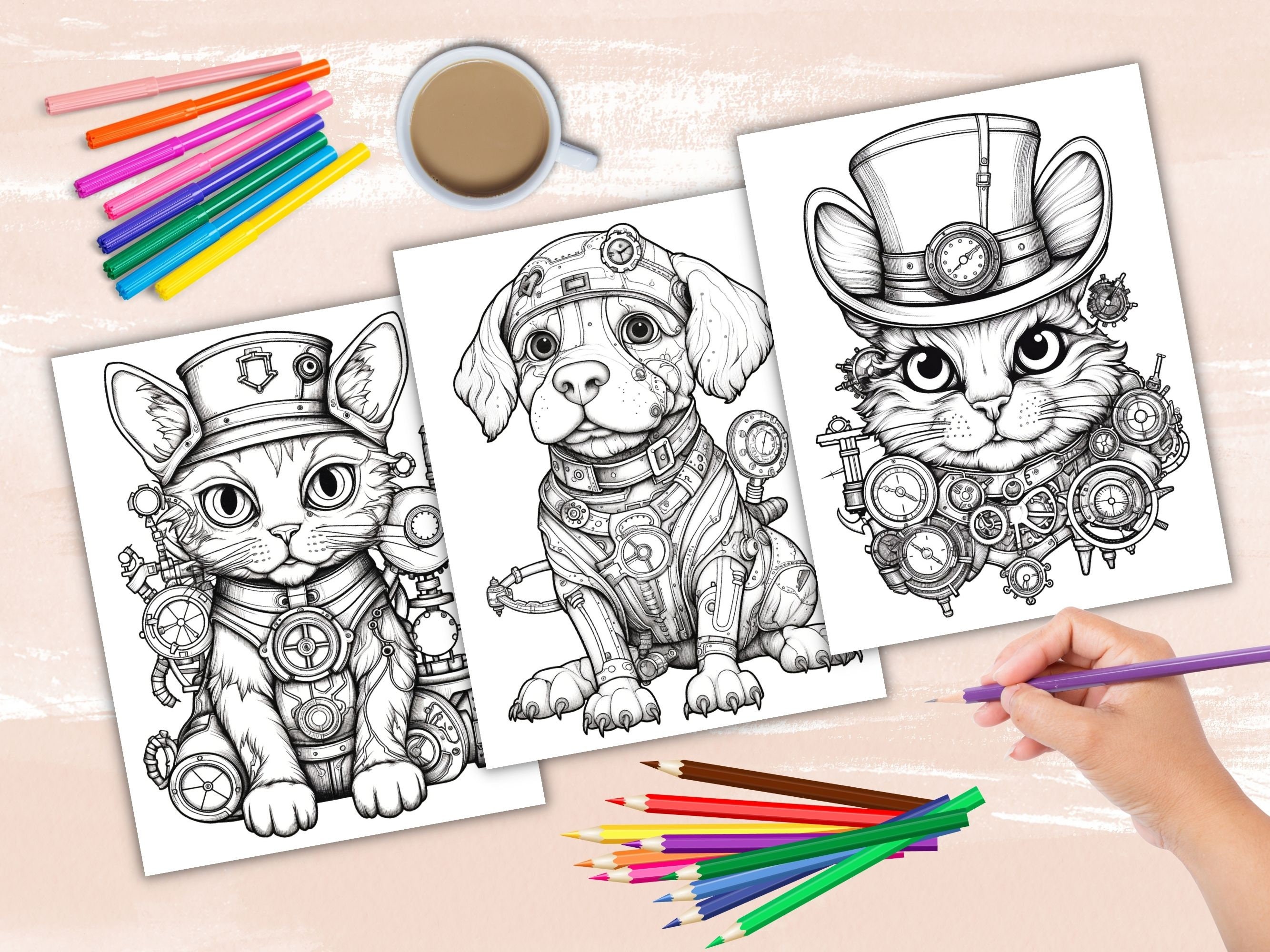 Steampunk Pets Coloring Book Steampunk Cats and Dogs Coloring - Etsy