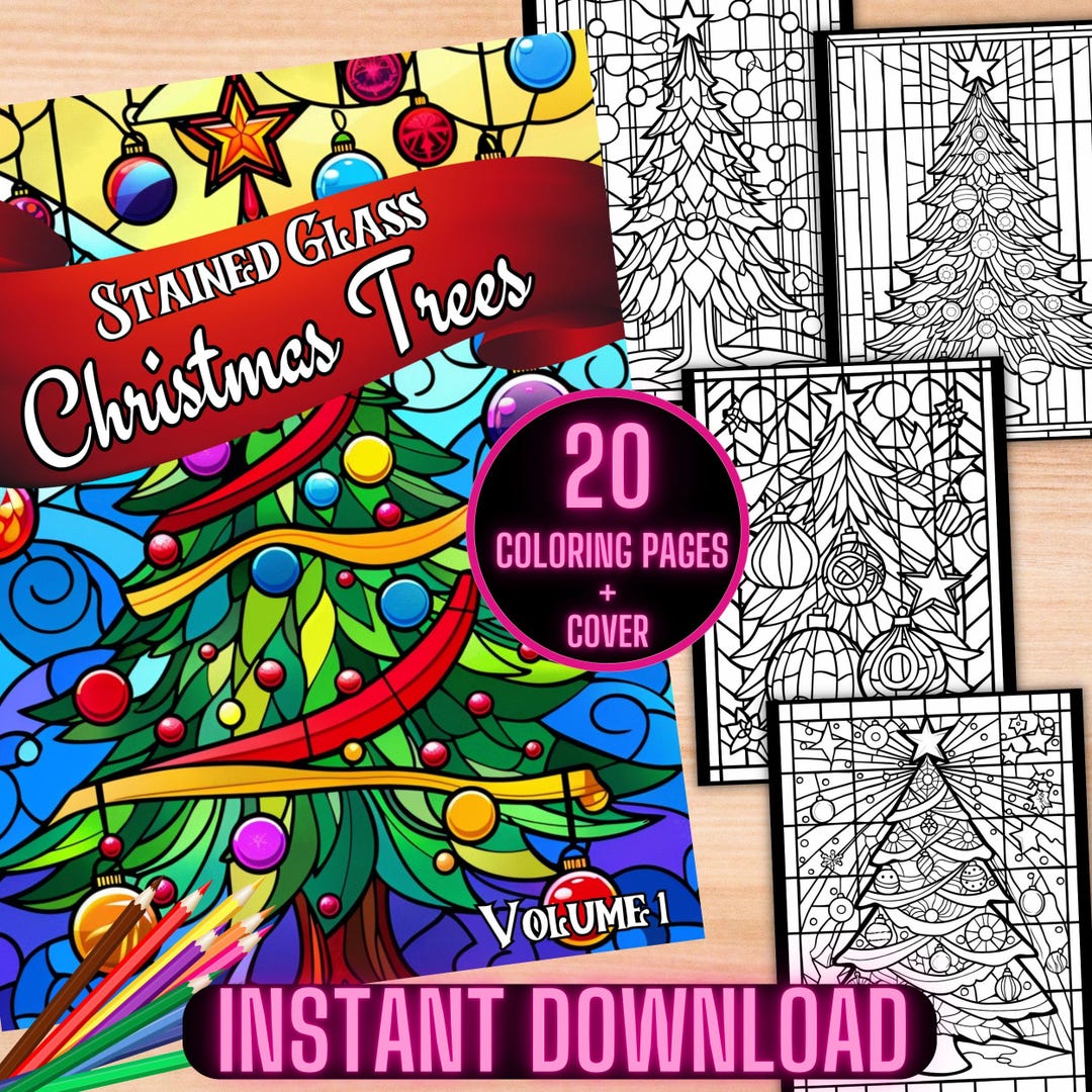 Stained Glass Christmas Trees Coloring Book, Christmas Holiday Coloring ...