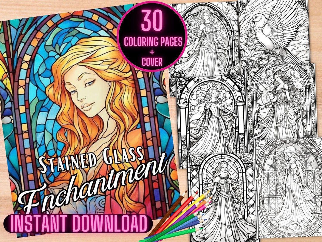 Stained Glass Enchantment Coloring Pages Fairytale Fantasy - Etsy