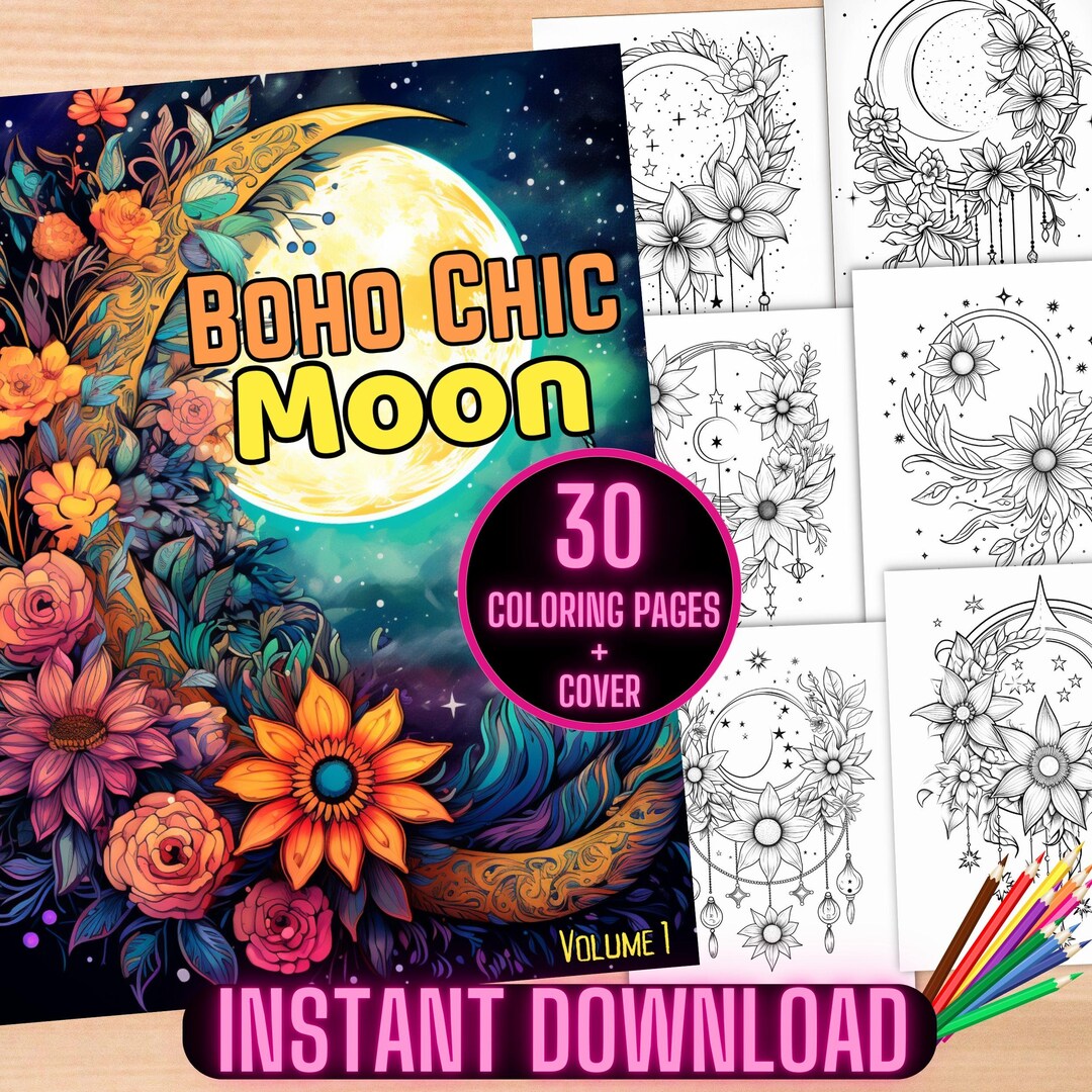 Celestial Moon Coloring Pages, Boho Chic Moon Coloring Sheets ...