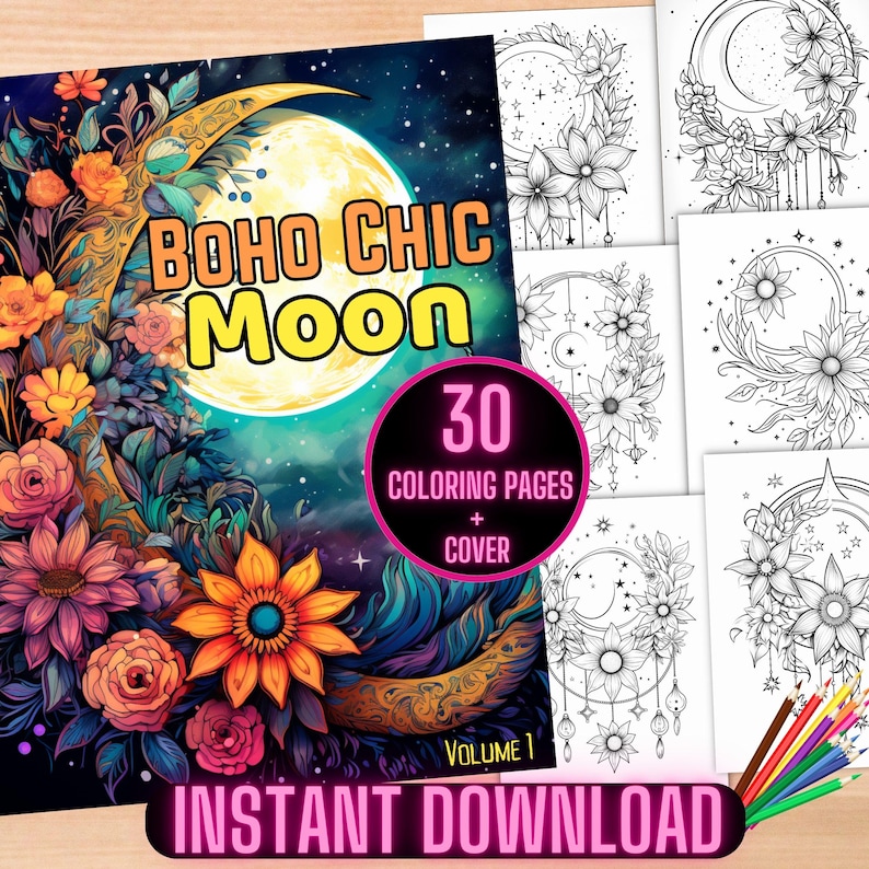 Celestial Moon Coloring Pages, Boho Chic Moon Coloring Sheets ...