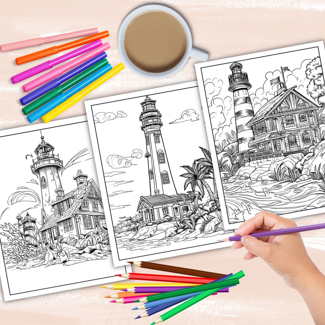 Coastal Lighthouses Coloring Book, Lighthouse Coloring Pages, Nautical ...