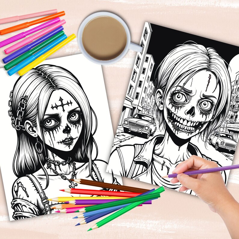 Zombies Coloring Book, Zombie Halloween Coloring Pages, Digital ...