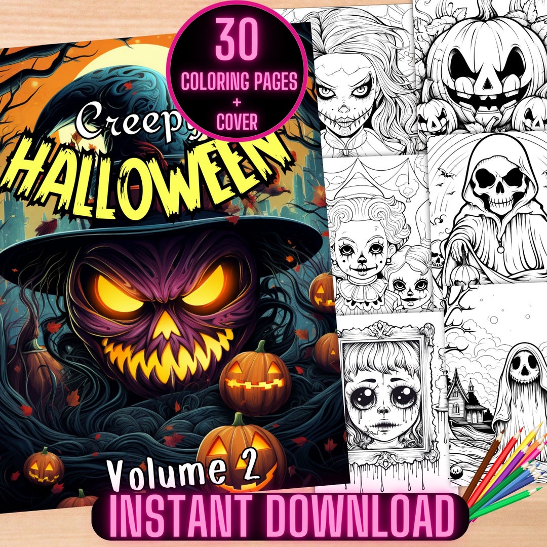 Creepy Halloween Coloring Book, Grayscale Halloween Horror Digital ...
