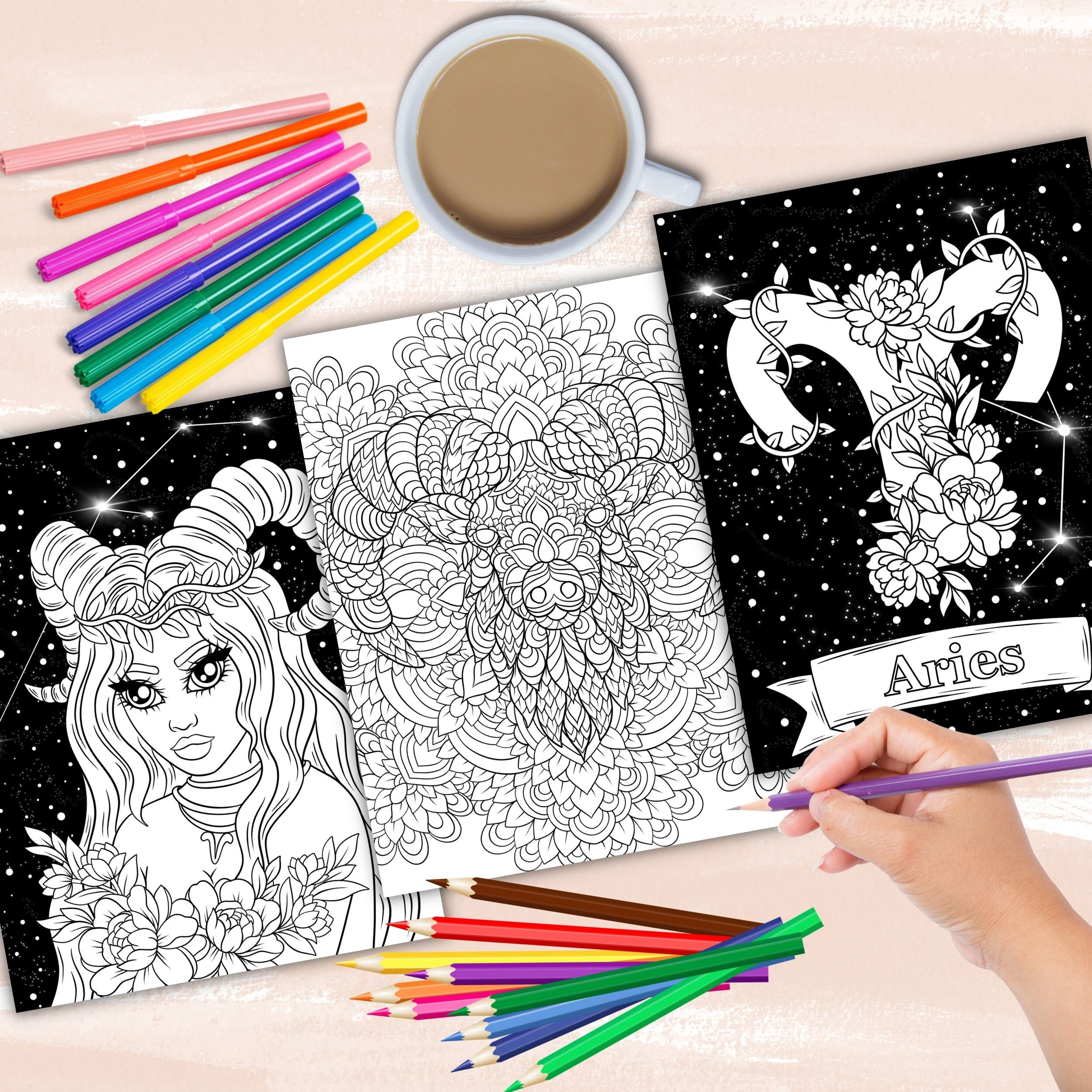 Dark Zodiac Coloring Book, Astrology Coloring Pages, Zodiac Coloring ...