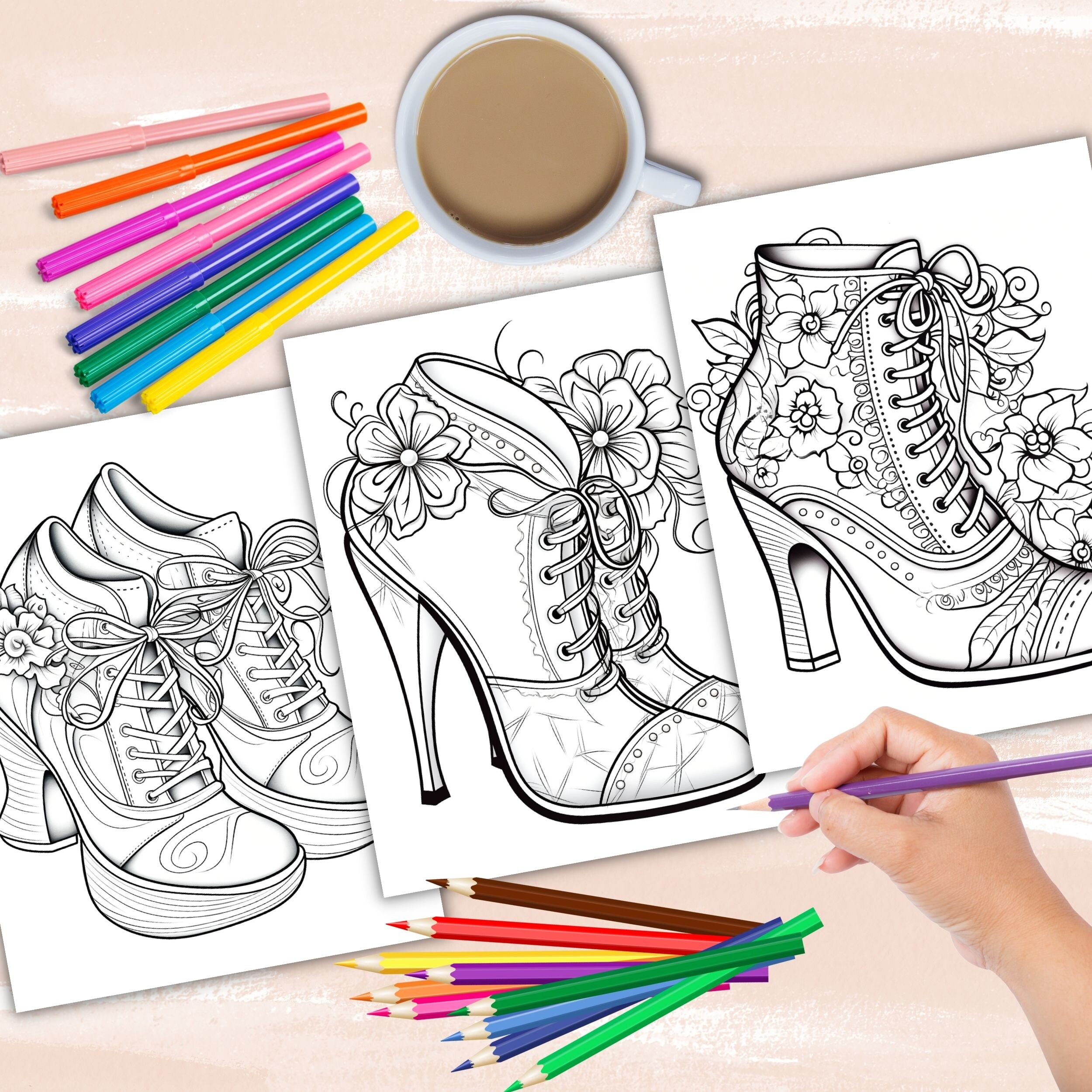 High Heel Fashion Shoes Coloring Book, Vintage Fashion Shoes Coloring ...