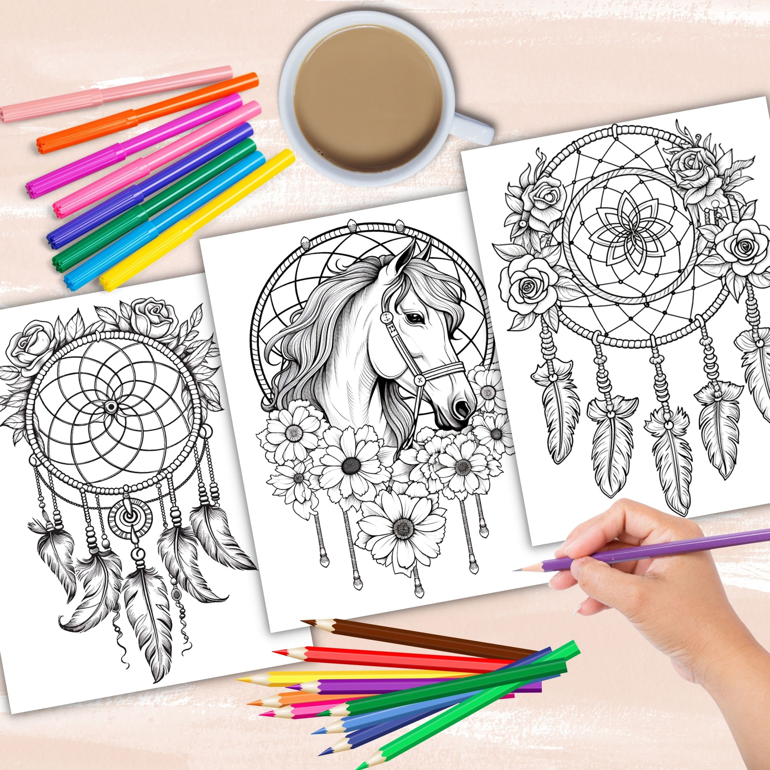 Mystical Dream Catchers Coloring Pages, Tribal Coloring Pages, Native ...