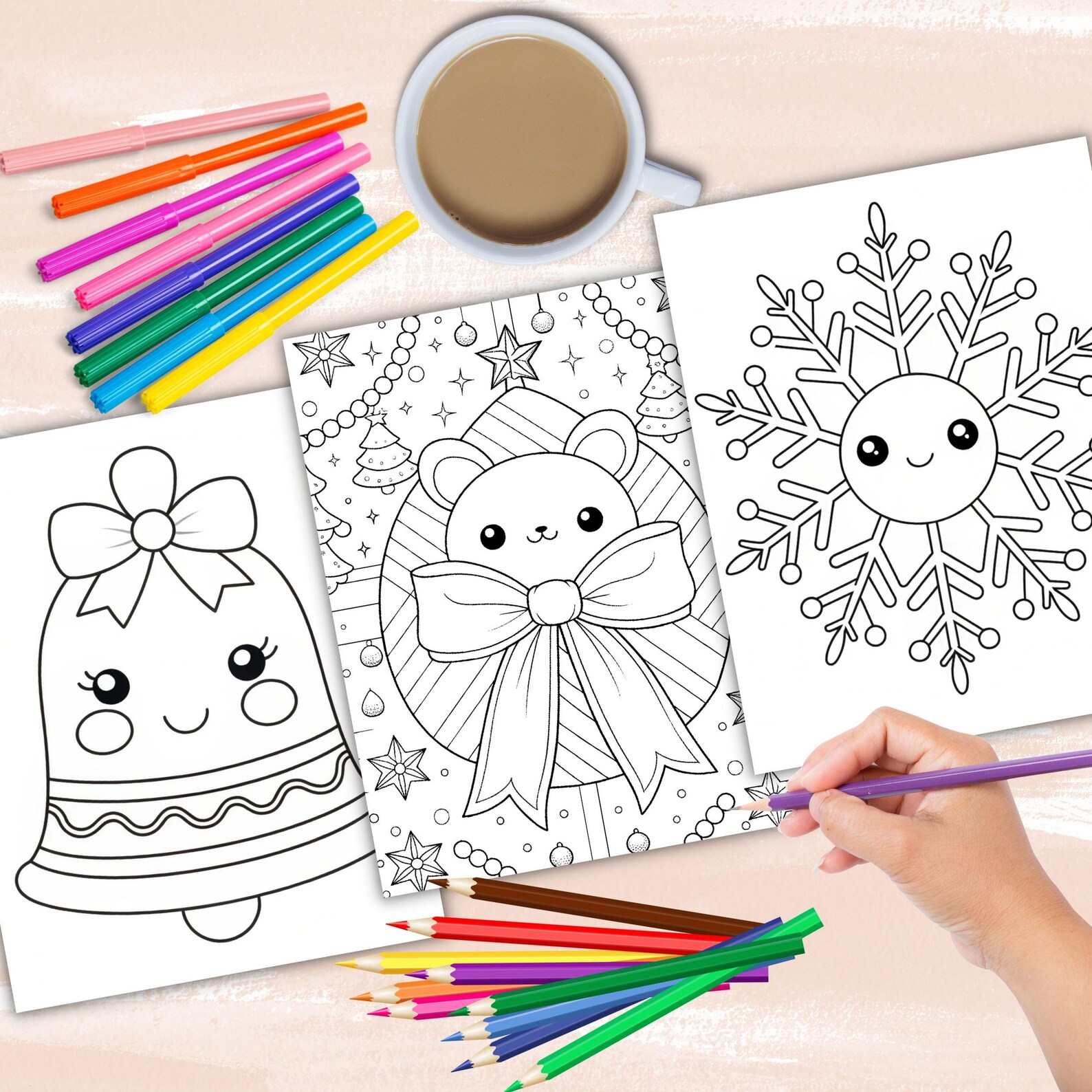 Cute Kawaii Christmas Coloring Pages, Kawaii Coloring Book, Bold Easy ...